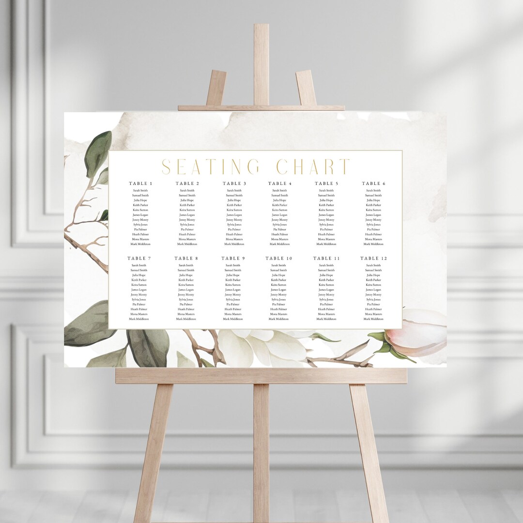 Magnolia Flower Seating Chart Digital Template, White Floral Wedding ...