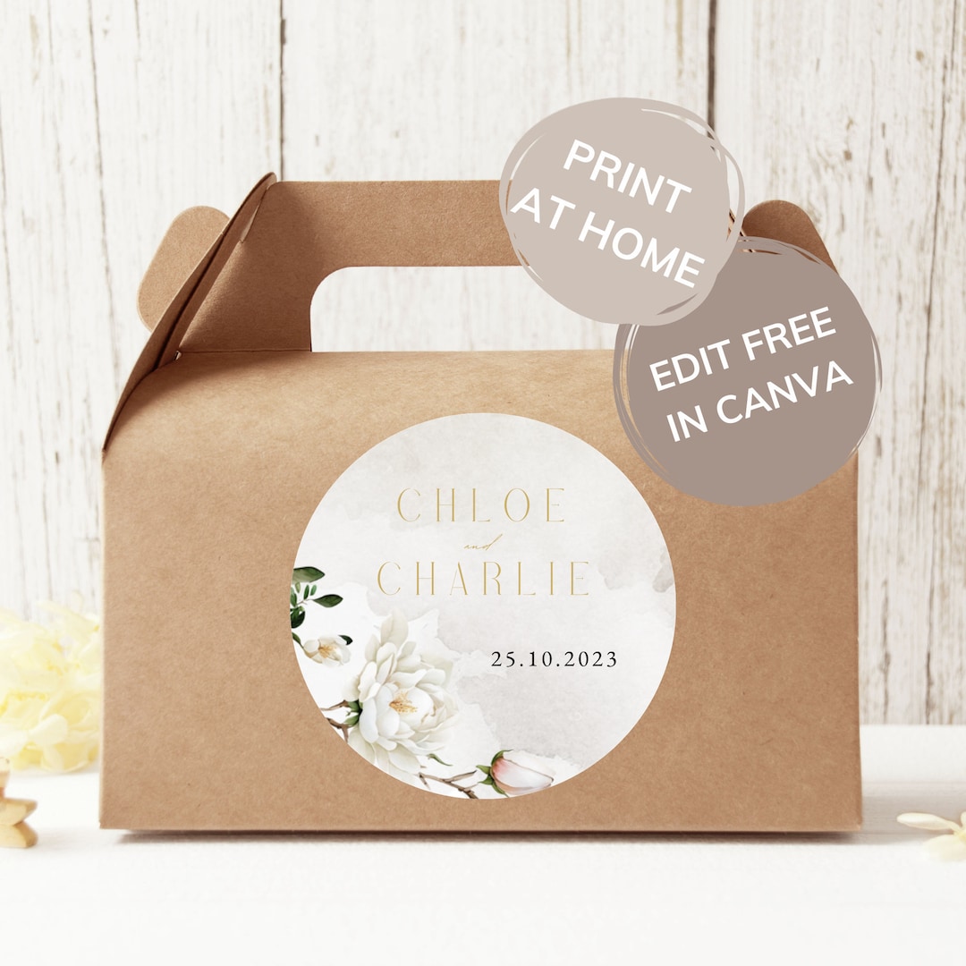 Magnolia Flower Round Sticker 3" Digital Template, White Floral Wedding ...