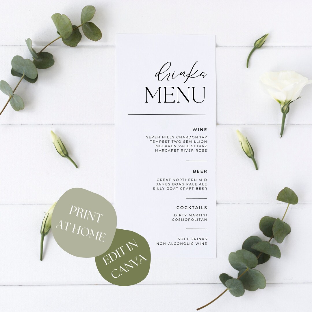 Simple Wedding Drinks Menu 3.75x9" Digital Template INSTANT DOWNLOAD ...