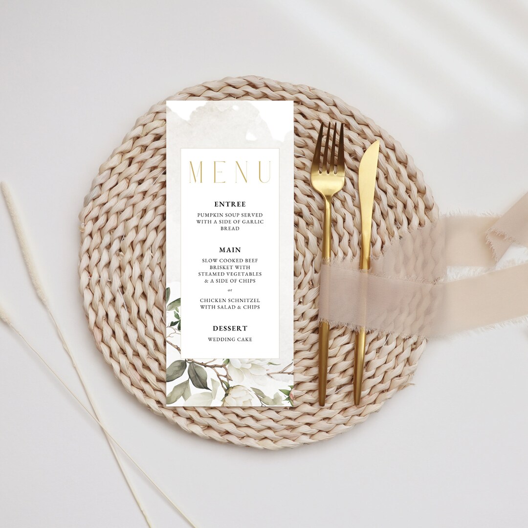 Magnolia Flower Simple Menu Digital Template, White Floral Wedding ...