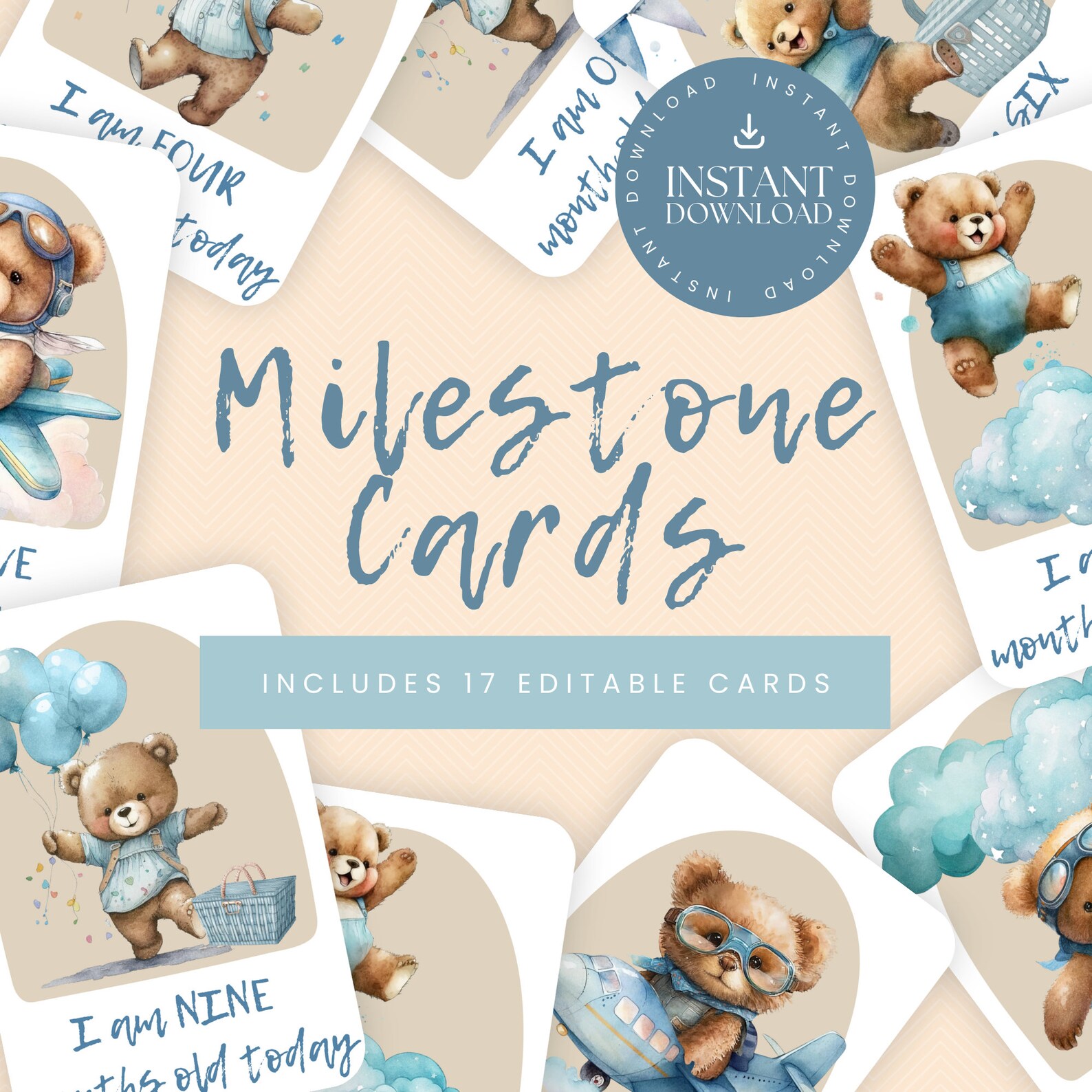 Blue Teddy Bear Milestone Cards Digital Template, Baby Boy Milestone ...