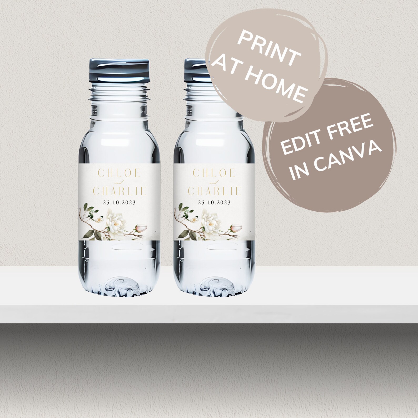 Magnolia Flower Water Bottle Label Digital Template, White Floral ...