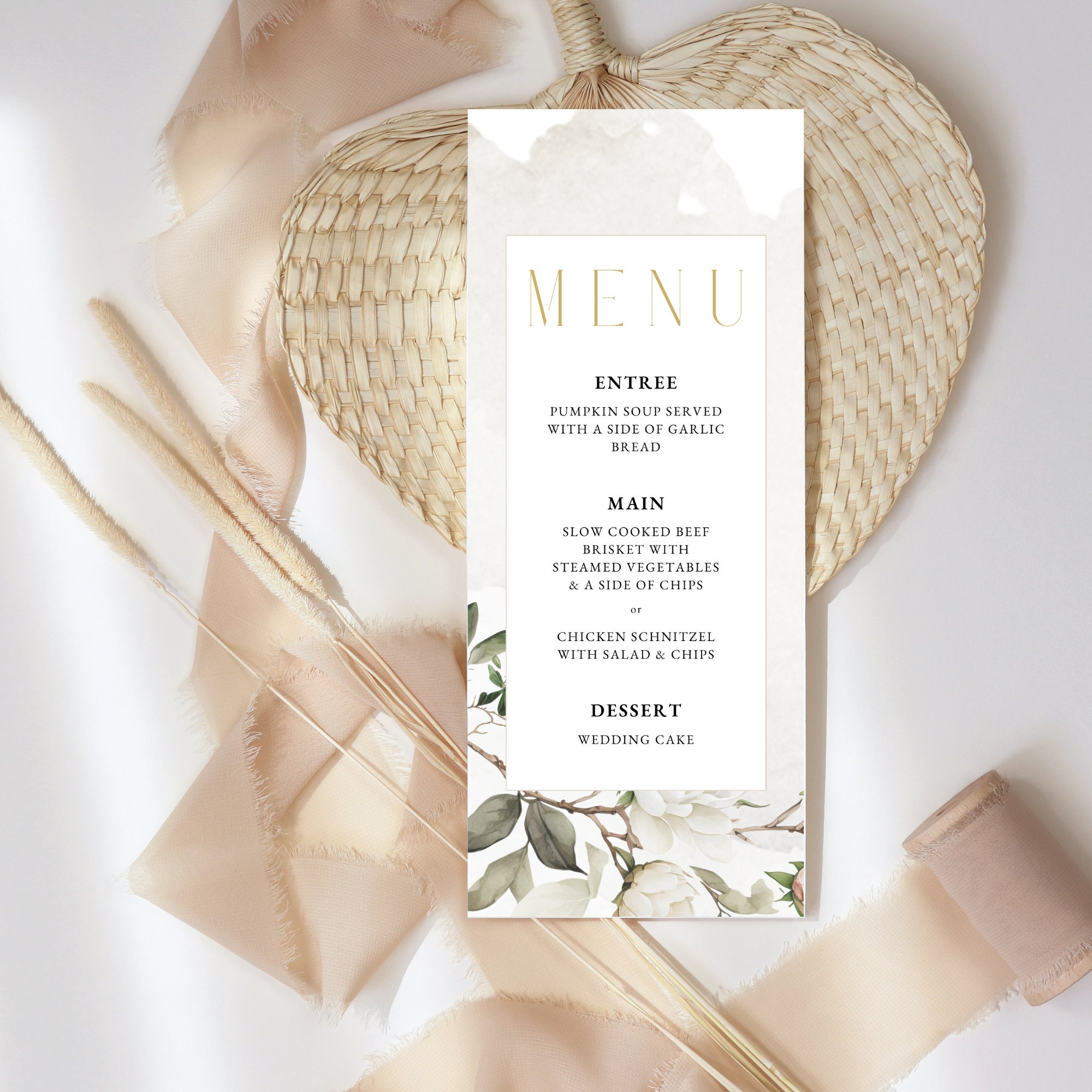 Magnolia Flower Simple Menu Digital Template, White Floral Wedding ...