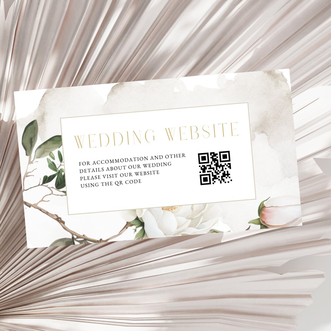 Magnolia Flower Wedding Website Card QR Code Digital Template, White ...