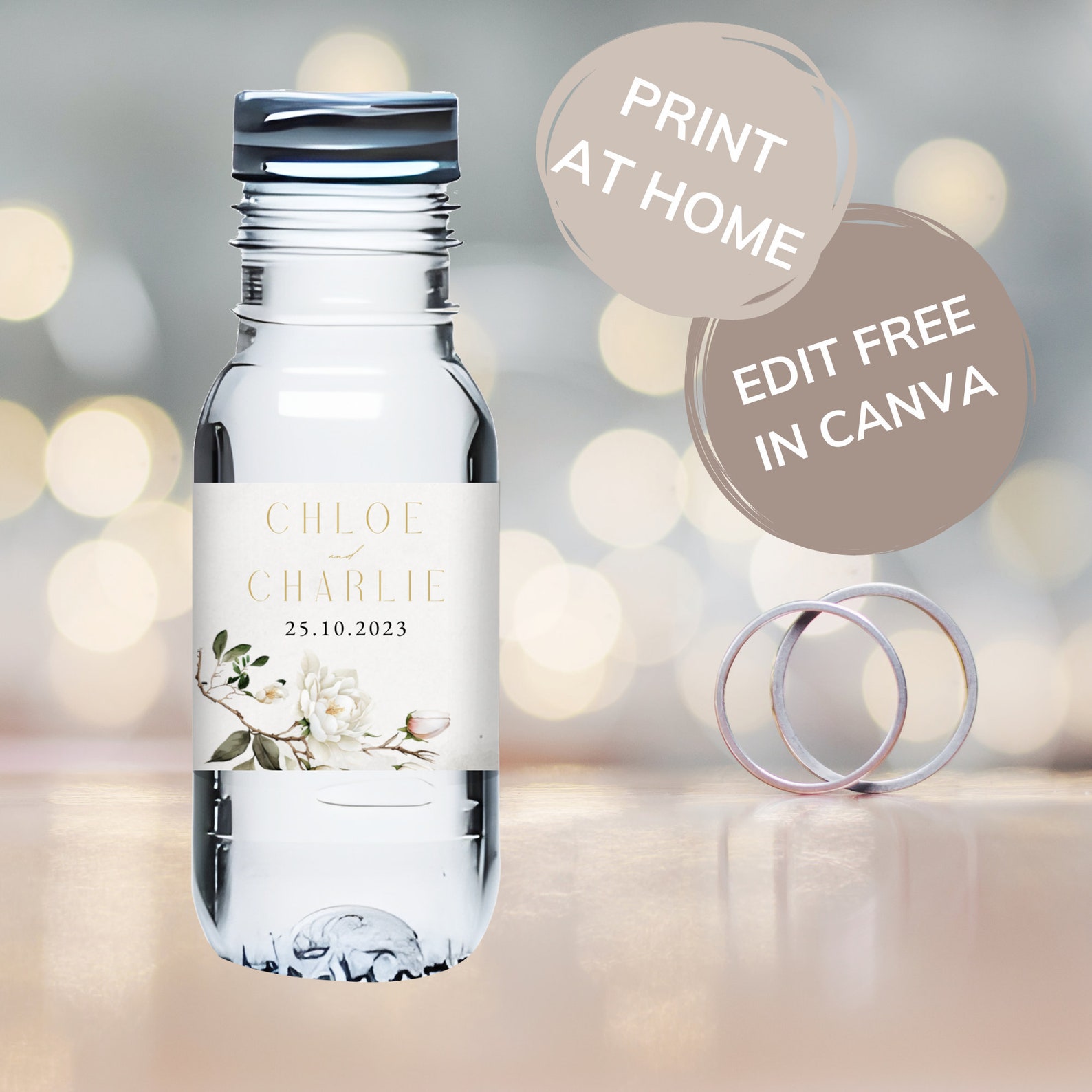 Magnolia Flower Water Bottle Label Digital Template, White Floral ...