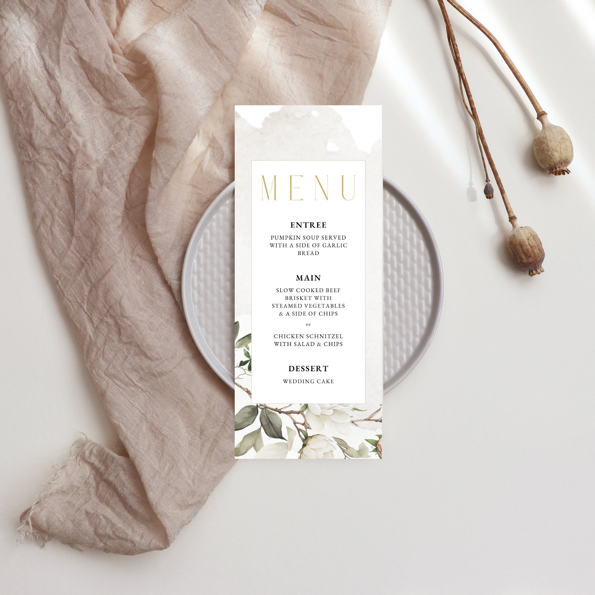 Magnolia Flower Simple Menu Digital Template, White Floral Wedding ...