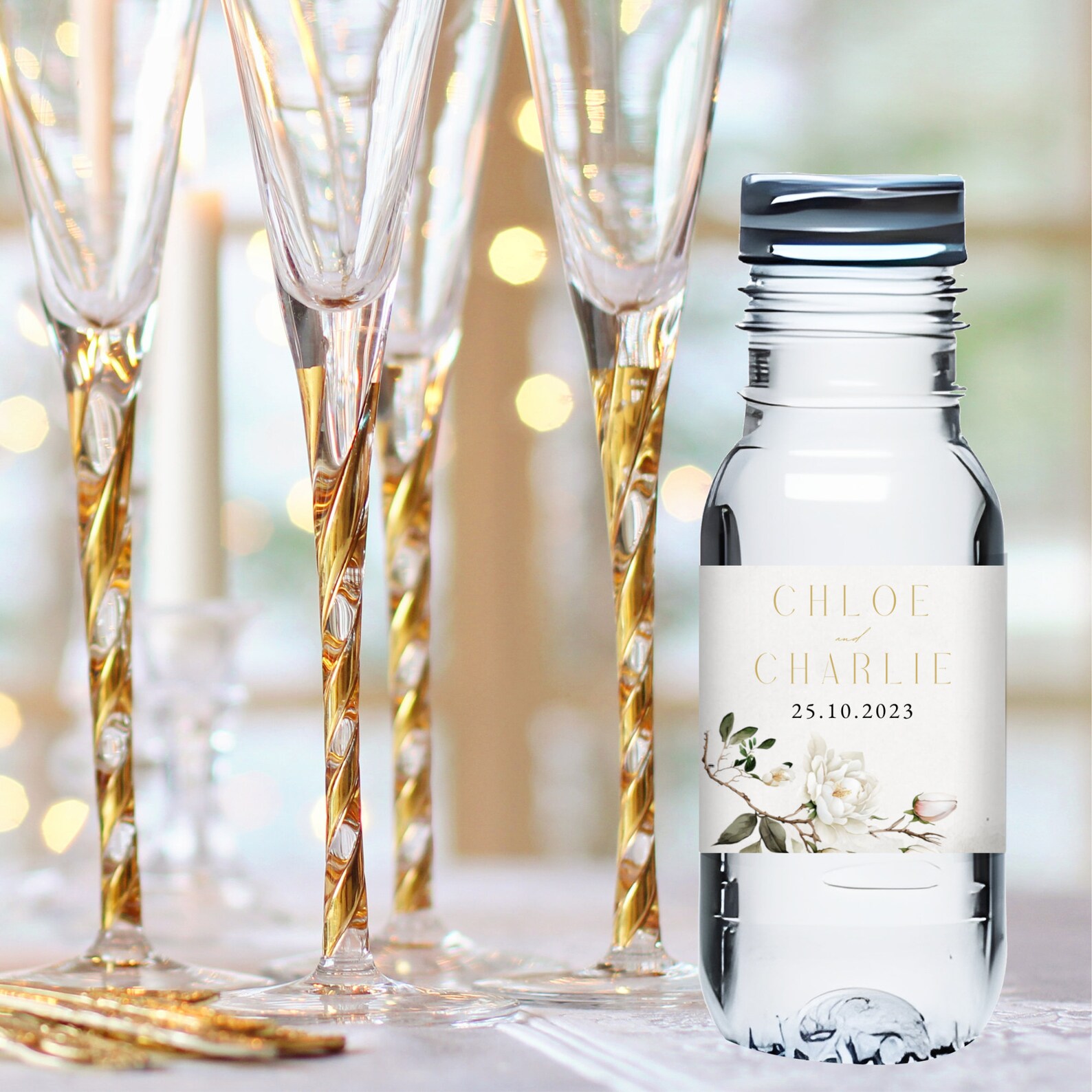 Magnolia Flower Water Bottle Label Digital Template, White Floral ...