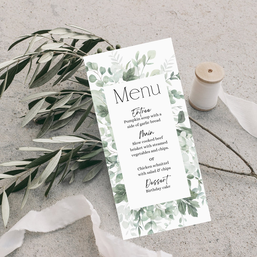 Soft Green Foliage Menu 3.75x9" INSTANT DOWNLOAD Digital Template ...