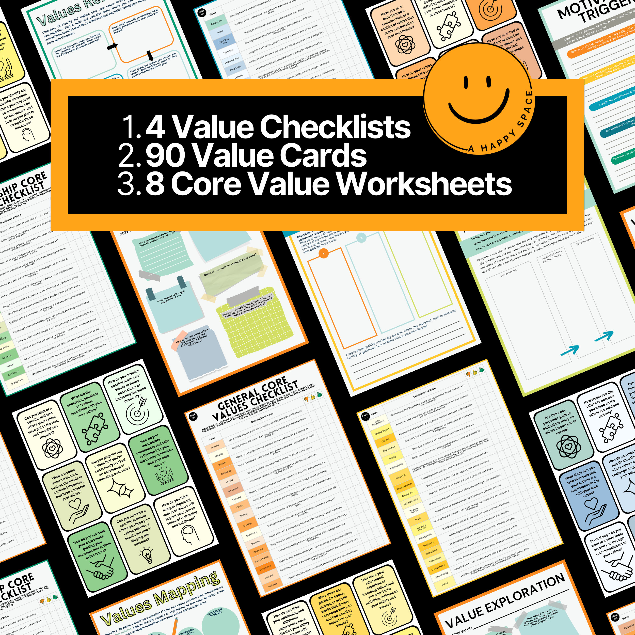 Core Values Worksheets Lists Therapeutic Question Conversation Cards ...