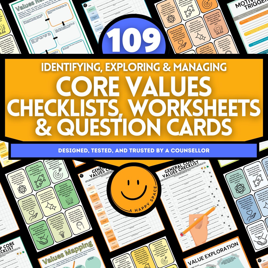 Core Values Worksheets Lists Therapeutic Question Conversation Cards ...