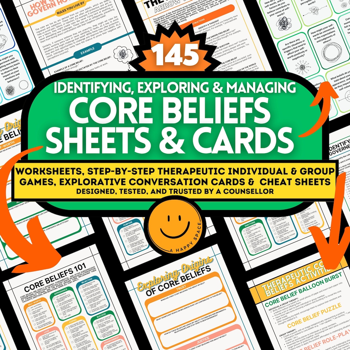 Negative Core Beliefs Worksheets for Therapists Cognitive Behavioral Therapy CBT Maladaptive ...