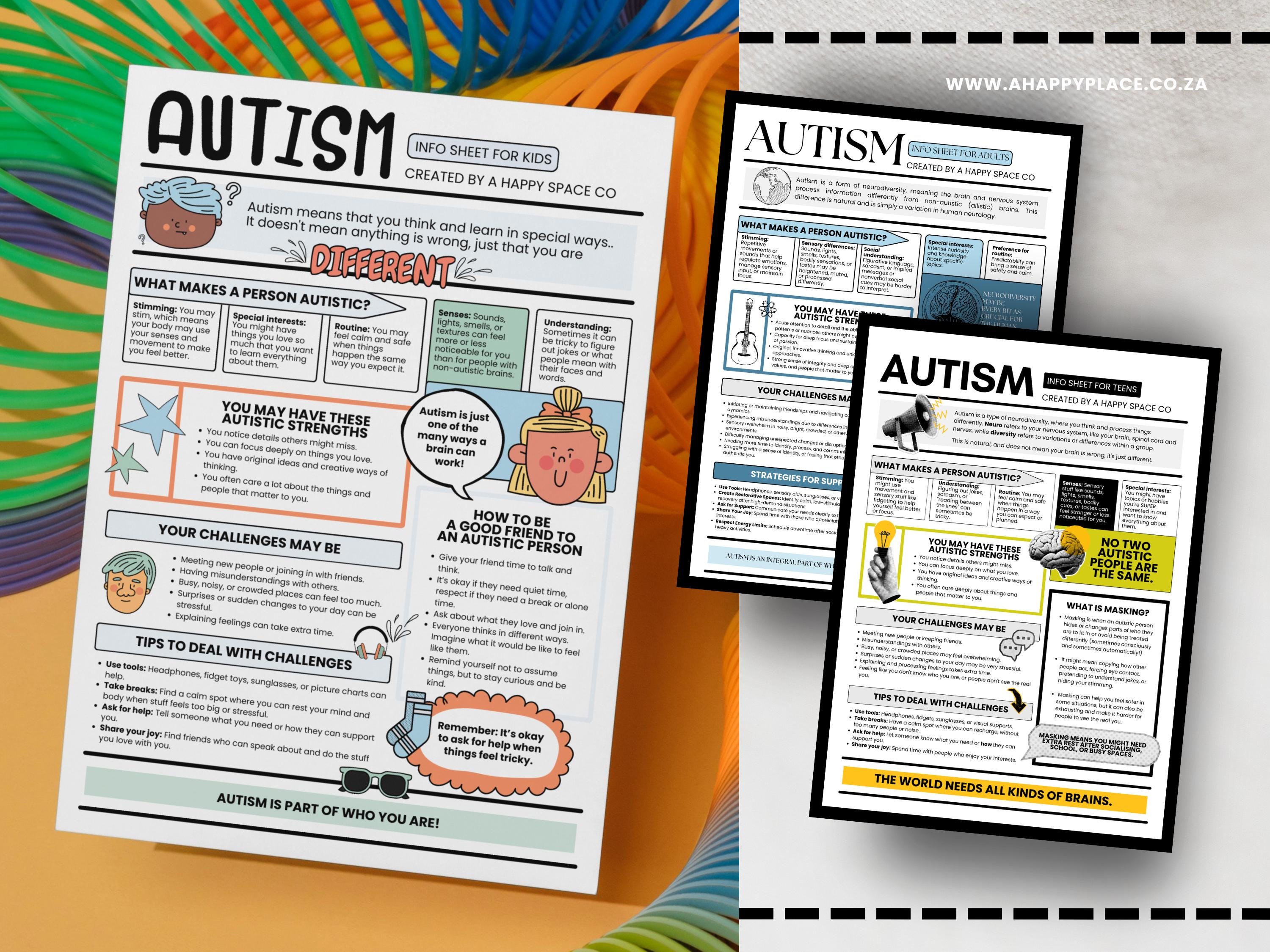 Autism Info Sheets Kids Teens Adults Psychoeducation Worksheets ...