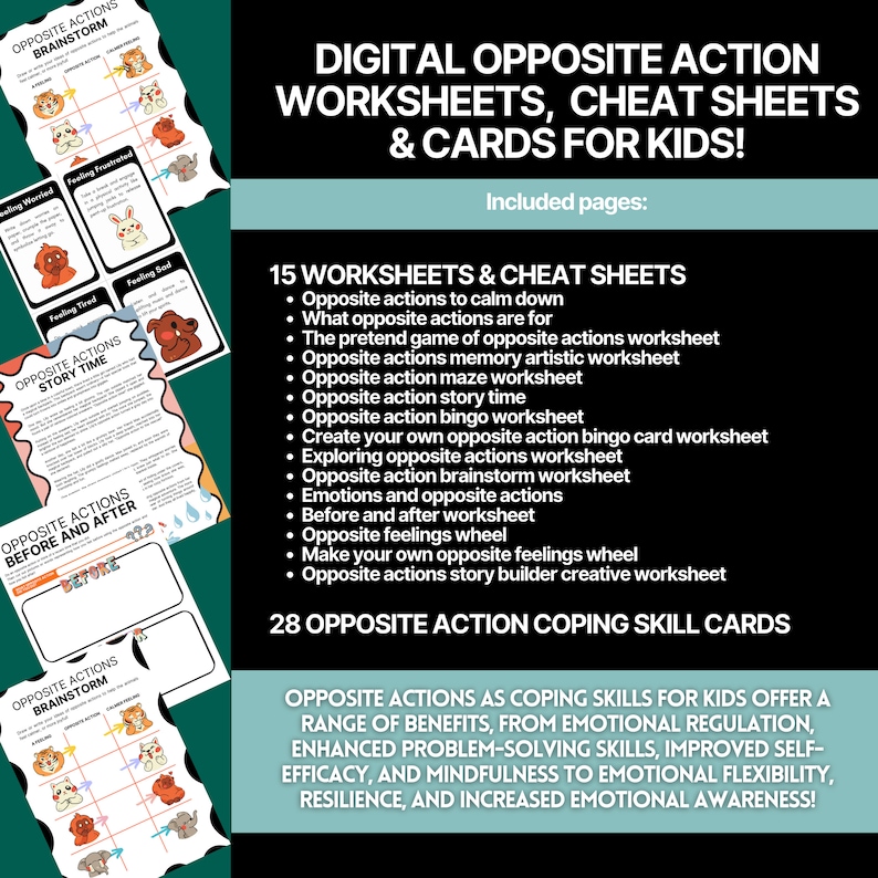 Opposite Action Coping Skills Worksheets Cards for Kids Emotional ...