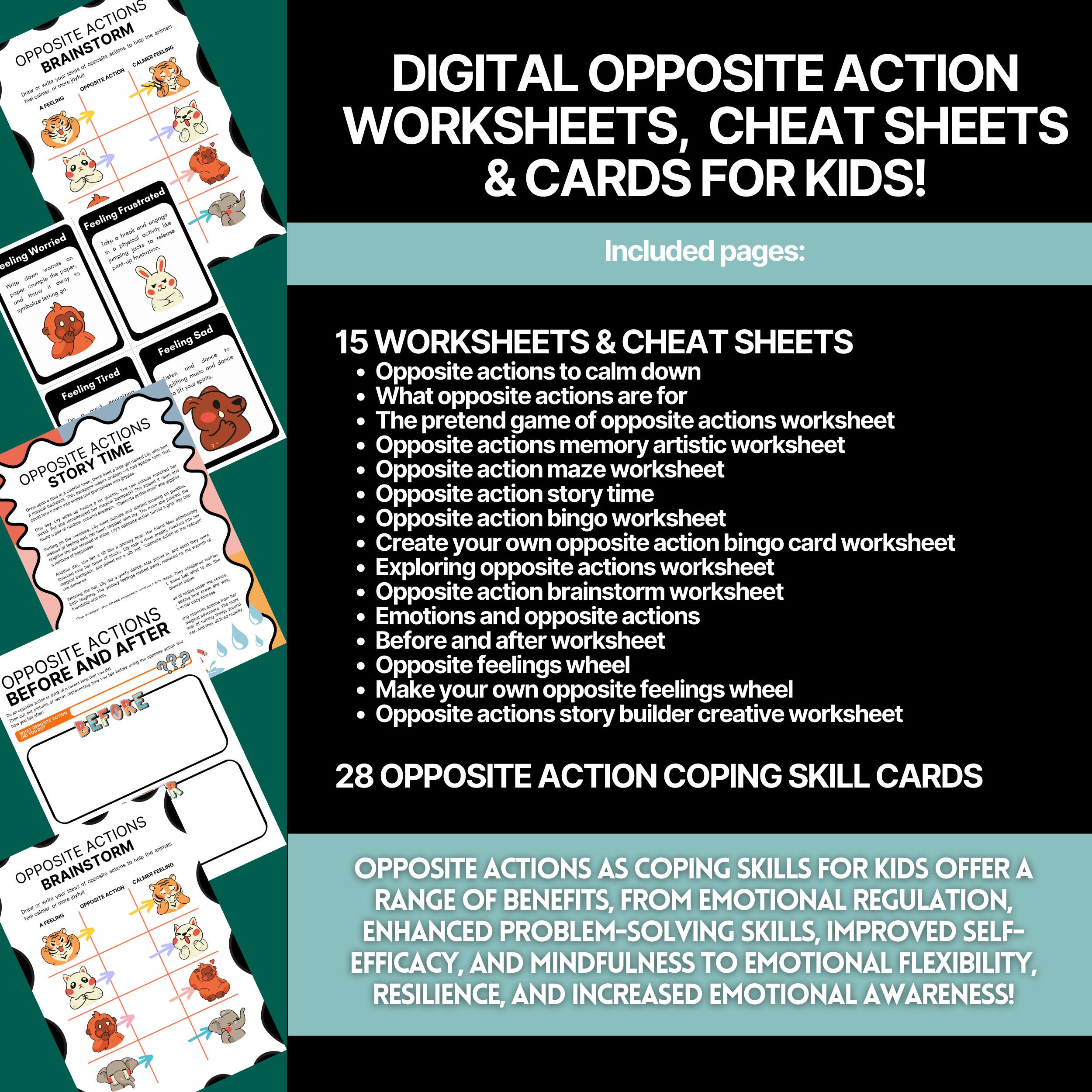 Opposite Action Coping Skills Worksheets Cards for Kids Emotional ...