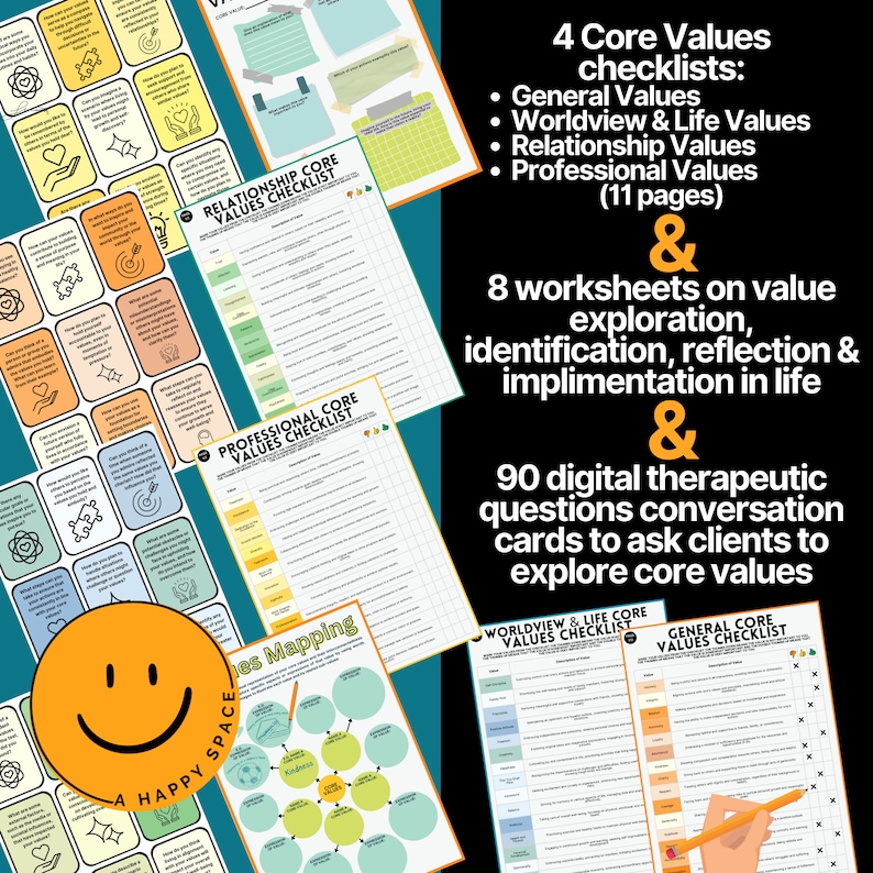 Core Values Worksheets Lists Therapeutic Question Conversation Cards ...