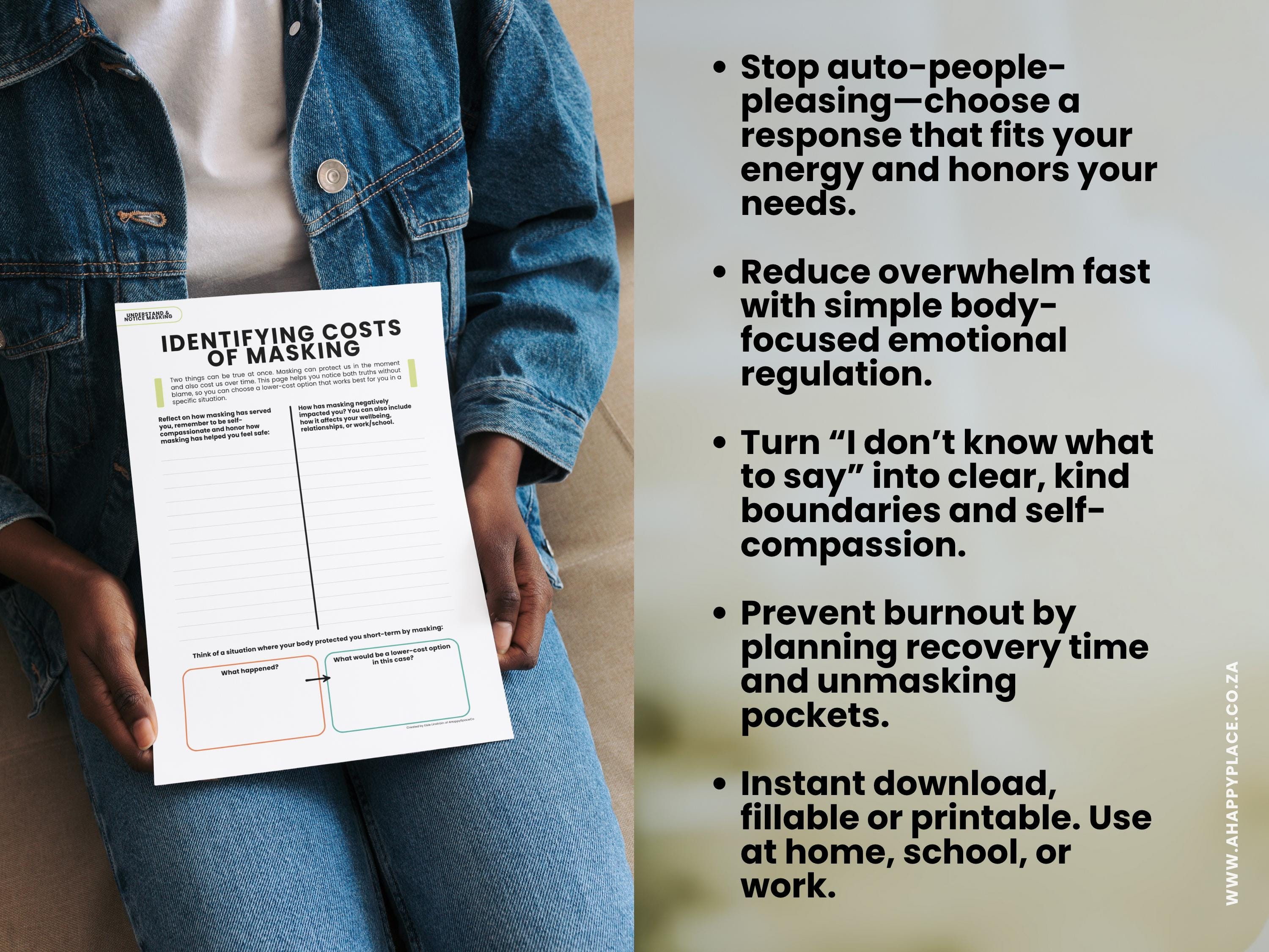 Masking & Fawn Response Printable Worksheets, Neurodiversity Affirming ...