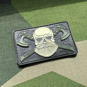 1x PVC Patch bearded Scull With Axes Olive With Velcro, Patch Tactical ...