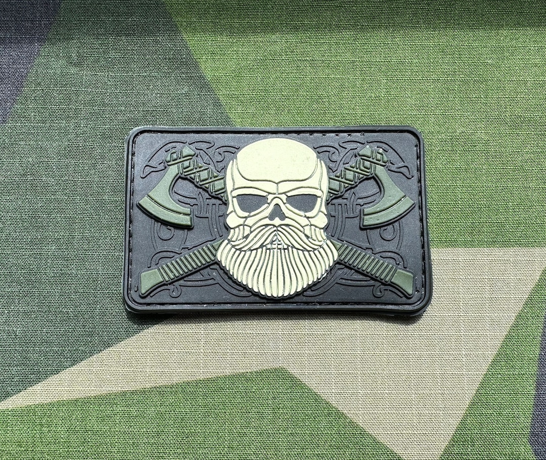 1x PVC Patch bearded Scull With Axes Olive With Velcro Fastener, Patch ...
