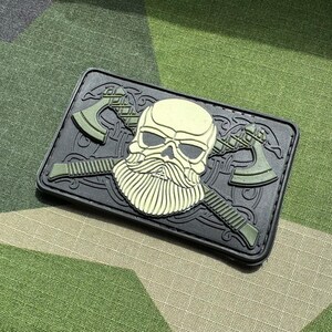1x PVC Patch bearded Scull With Axes Olive With Velcro Fastener, Patch ...