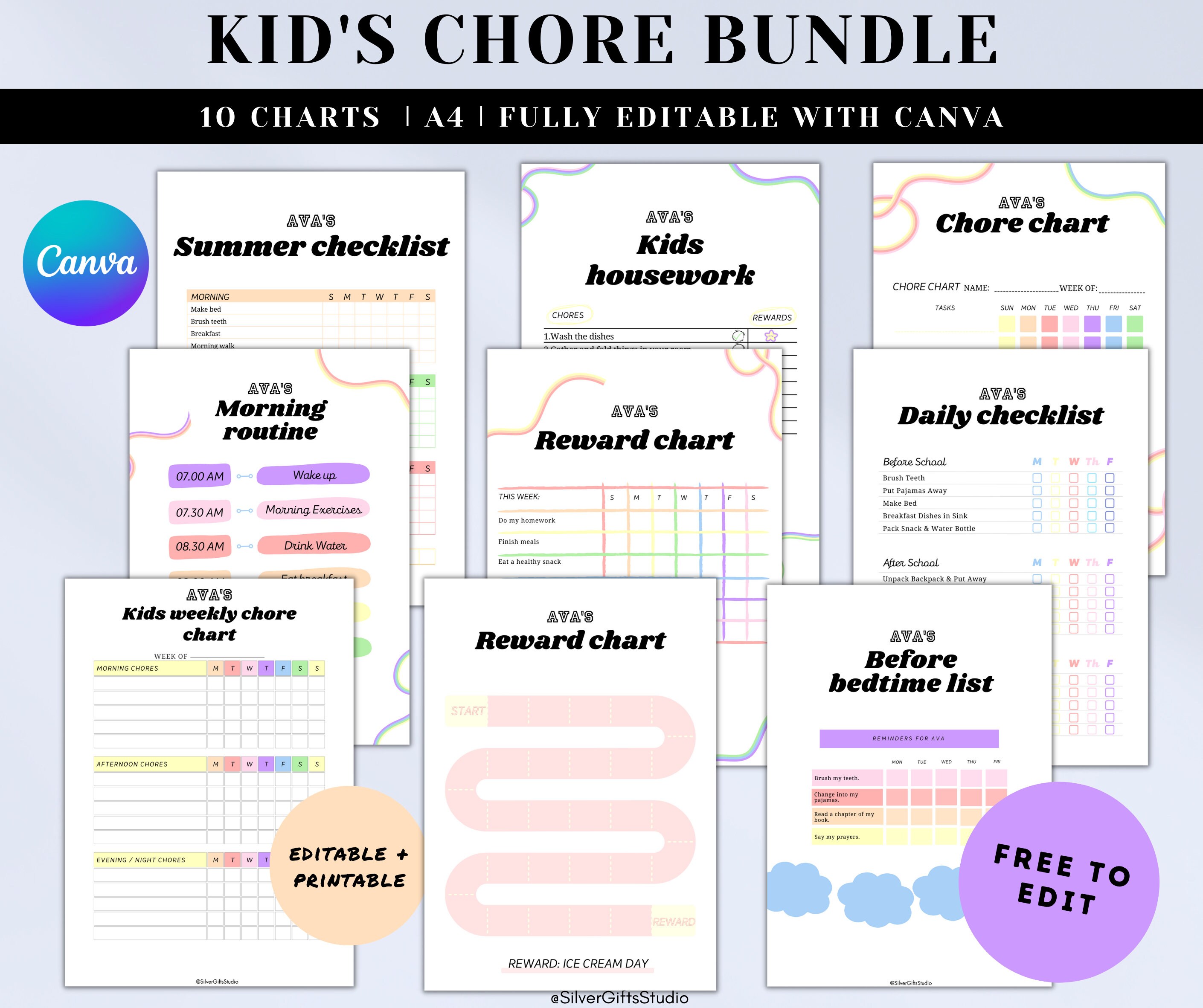 Editable Kids Chore Charts Reward Allowance Screen Time - Etsy