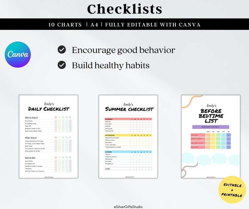 Editable Kids Chore Charts, Reward, Allowance, Screen Time, School ...