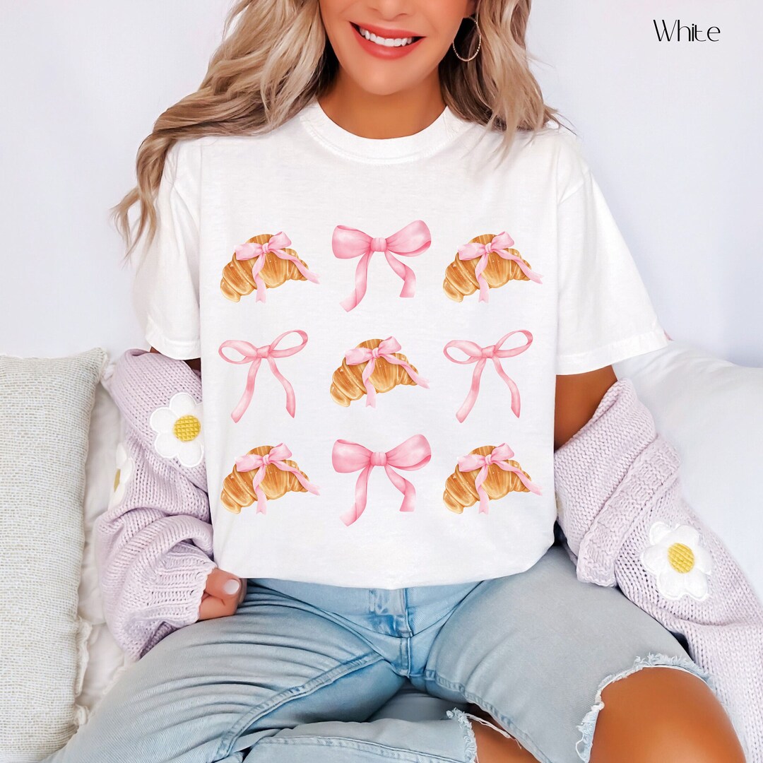 Coquette Brunch Croissant Shirt, Coquette Aesthetic, Coquette Pink Bow ...