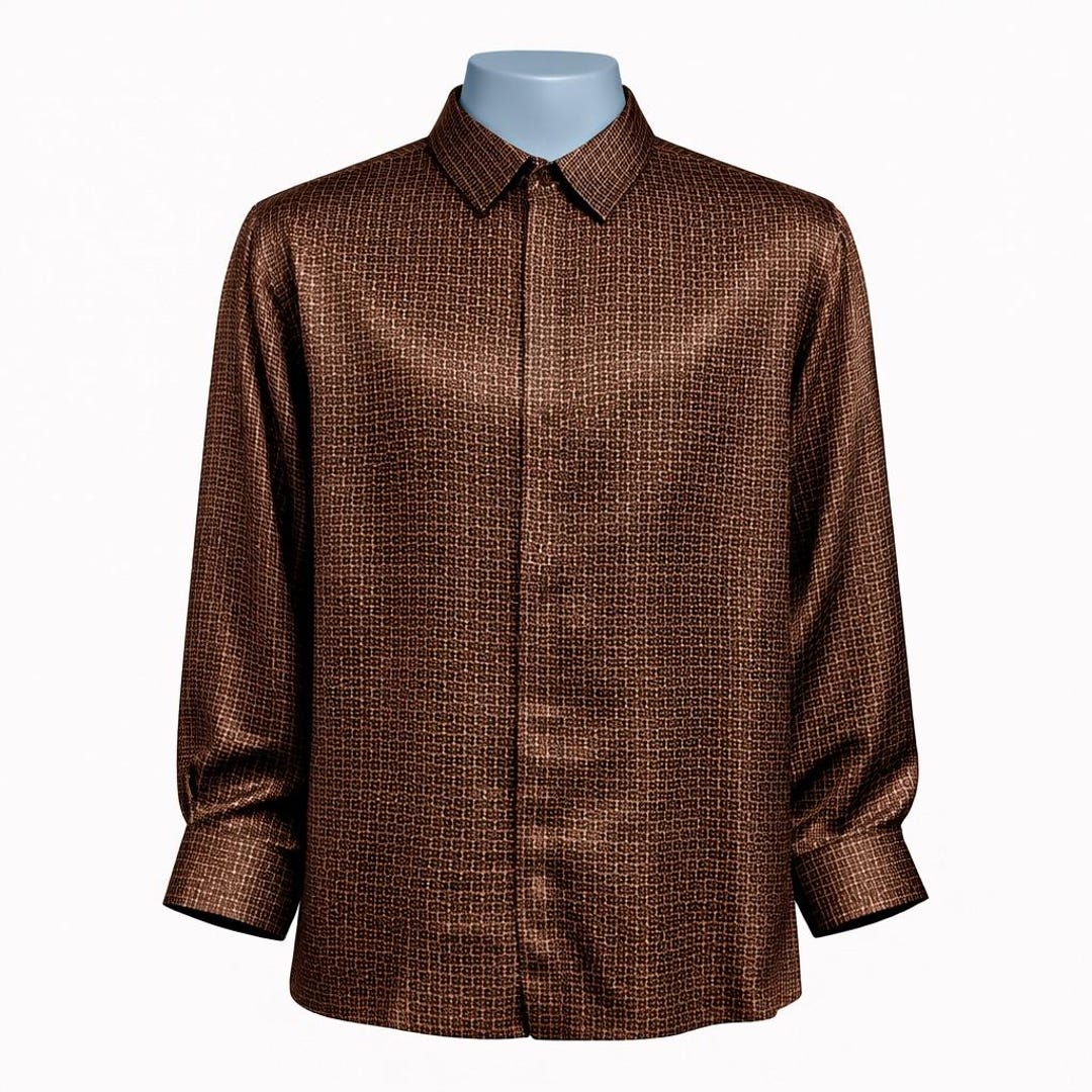Y2K Genelli Mens 100% Silk Shirt XL Geometric Print Hidden Button Long ...