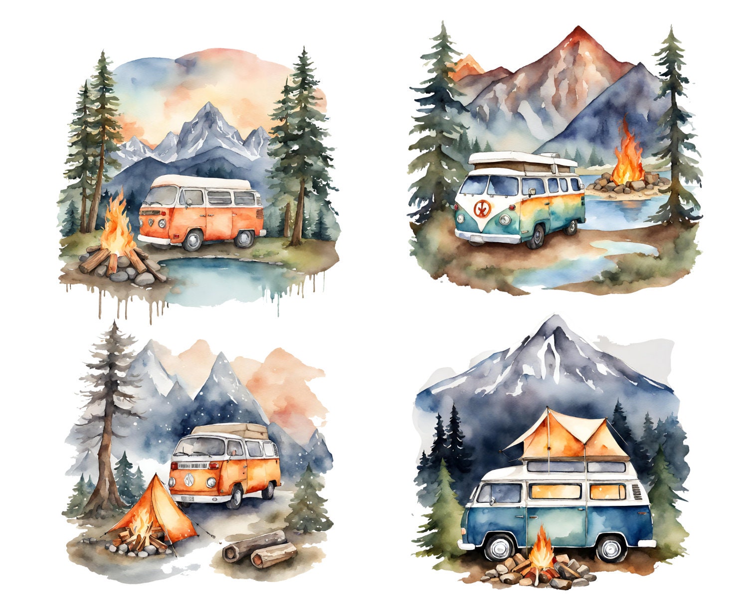 Campervan Clipart Adventure Campers Clipart, Watercolor Campfire PNG ...
