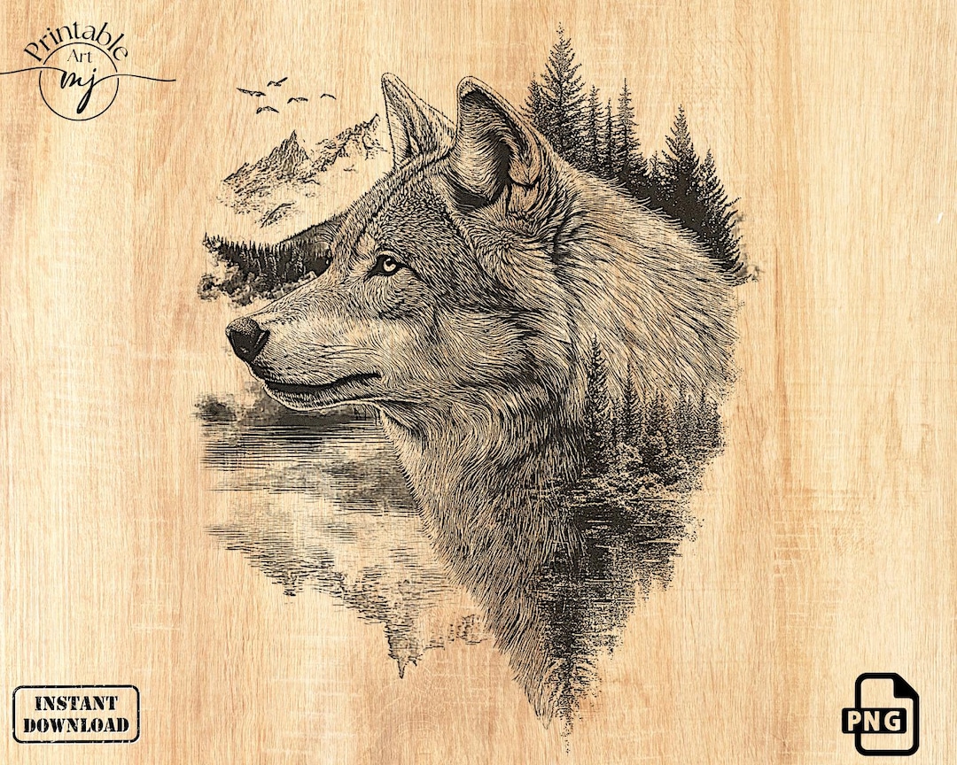Wolf Mountain Scene Laser Engraving File: Wildlife Art PNG (digital ...