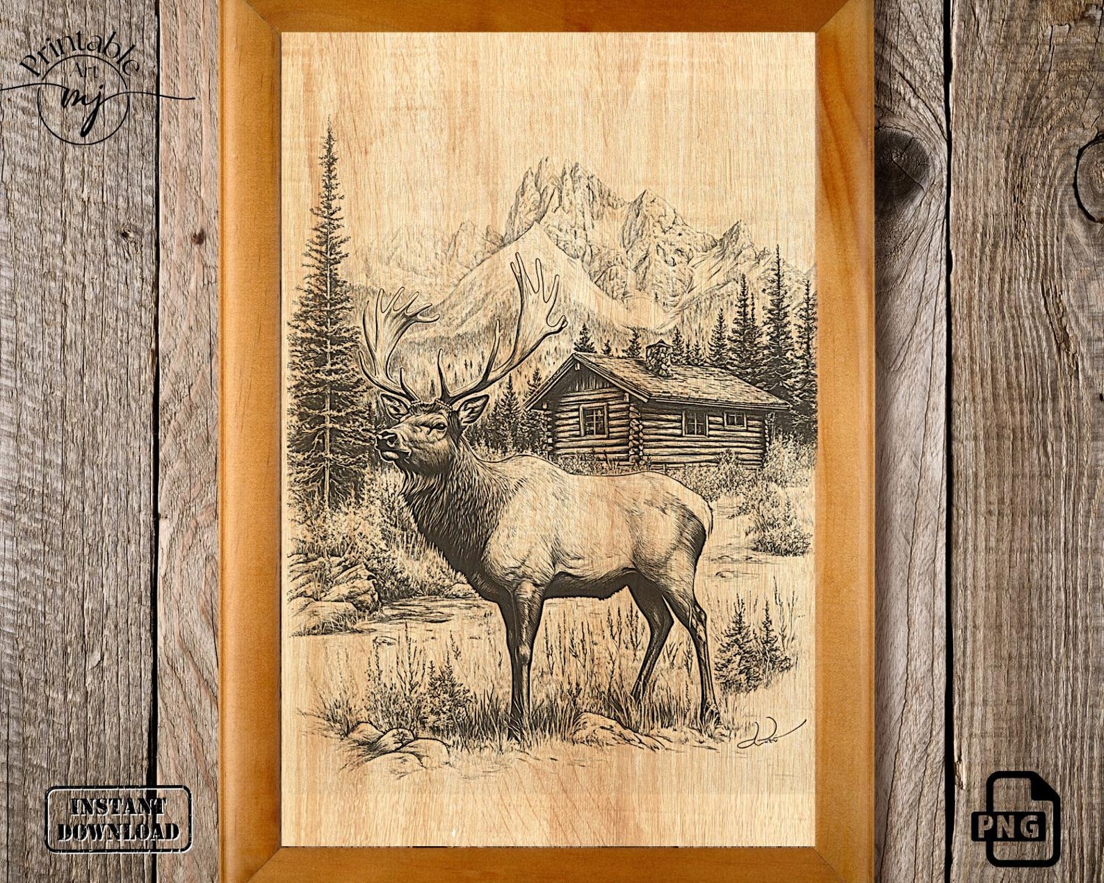 Elk Laser Engraving PNG: Hunting Cabin Decor, Wildlife Art (digital ...