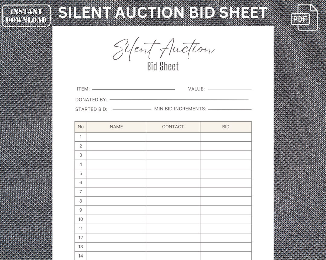 Silent Auction Bid Sheet: Printable Fundraiser Sign-up (PDF) - Etsy
