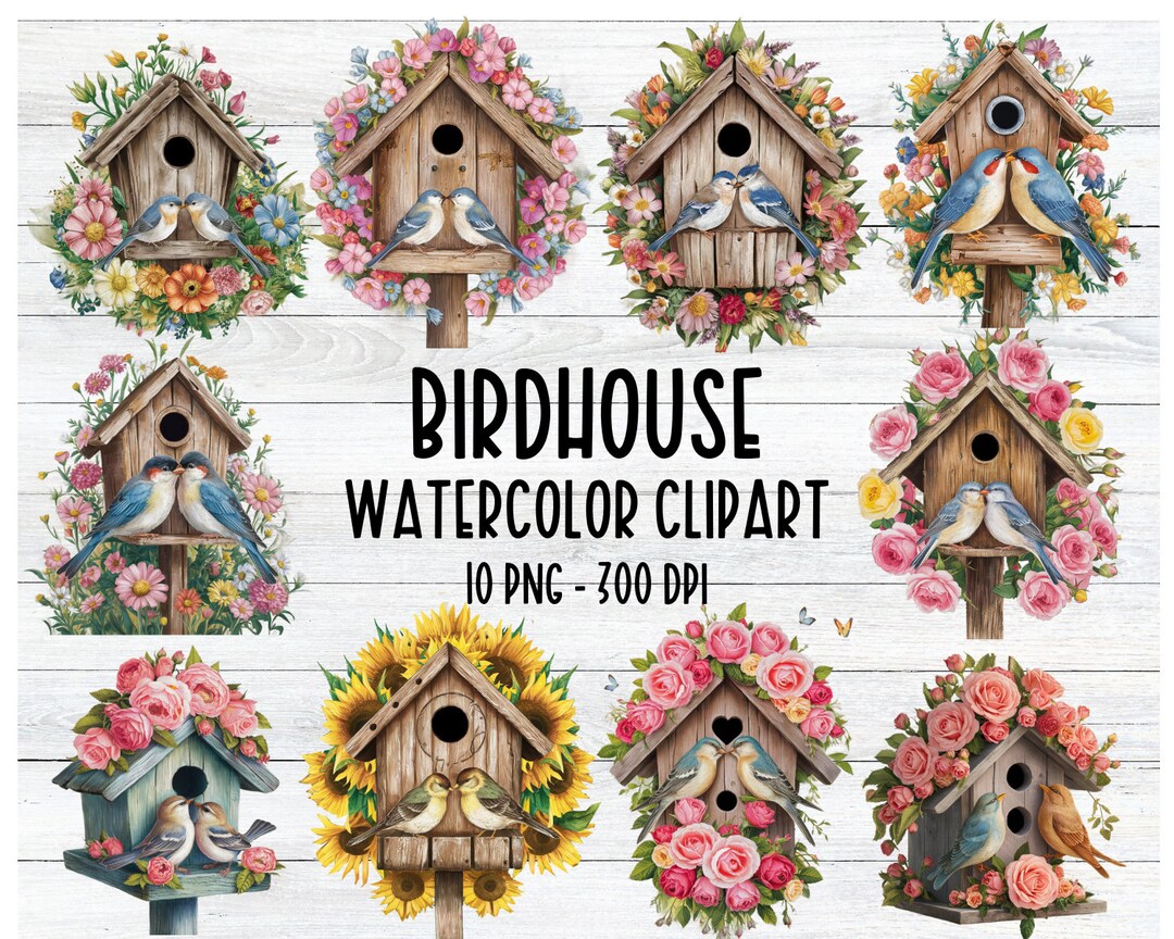 Bird House Clipart Flowers PNG, Birdhouses Watercolor Clipart Bundle ...