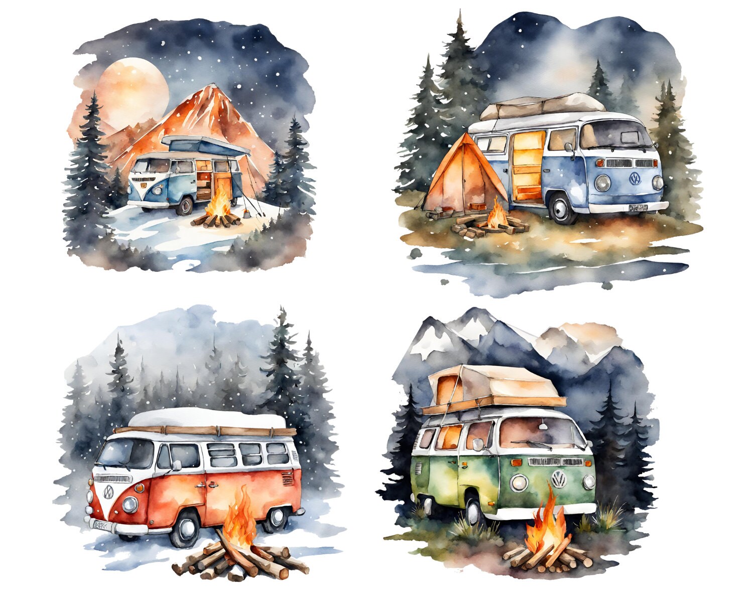 Campervan Clipart Adventure Campers Clipart, Watercolor Campfire PNG ...