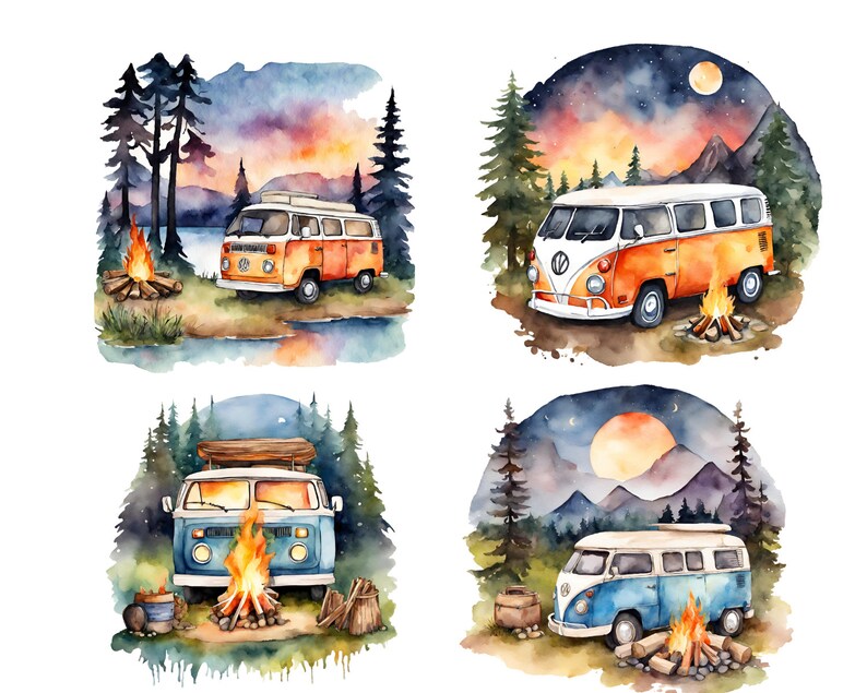 Campervan Clipart Adventure Campers Clipart, Watercolor Campfire PNG ...