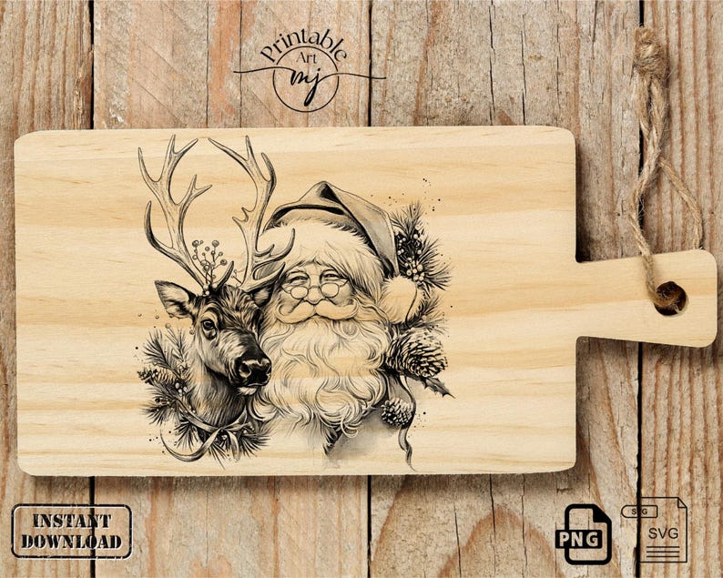 Vintage Santa and Reindeer Laser Engraving: Rustic Christmas Engraving ...