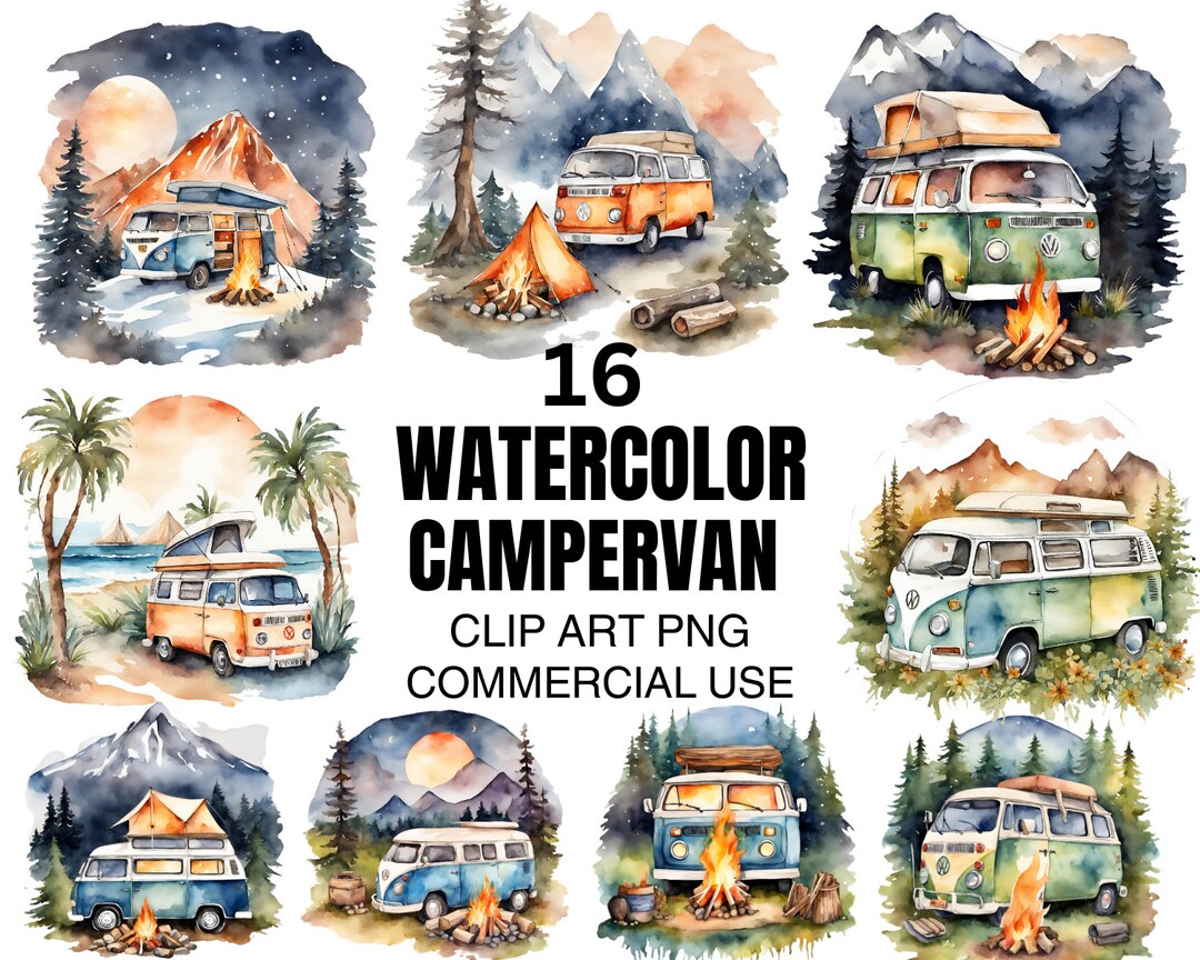Campervan Clipart Adventure Campers Clipart, Watercolor Campfire PNG ...