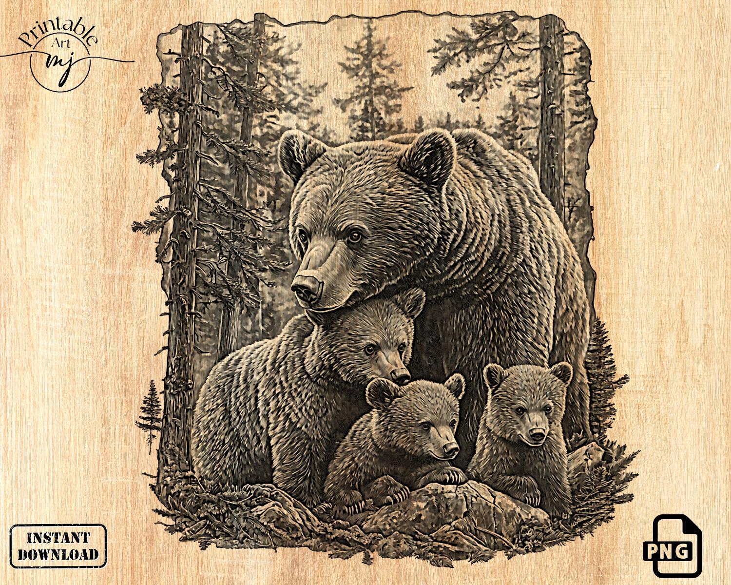 Mama Bear & Cubs Laser Engraving File: Wood Burn CNC Project (PNG) - Etsy