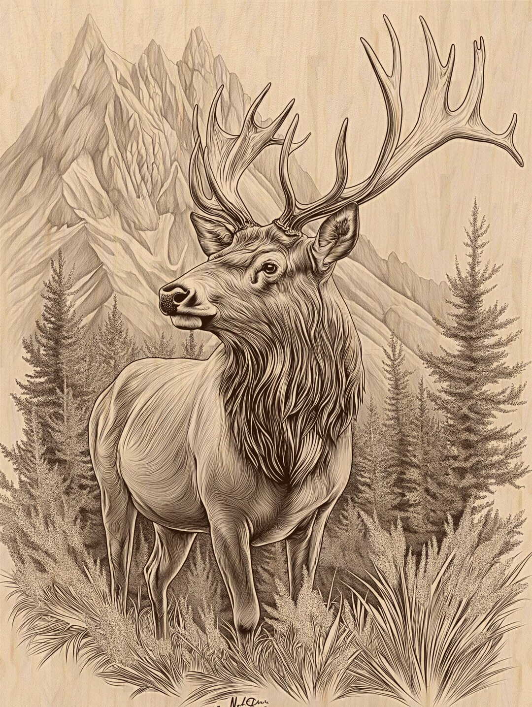 Elk Engraving Design PNG: Wildlife Art, Wood Burn File (digital ...