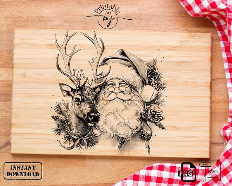 Vintage Santa and Reindeer Laser Engraving: Rustic Christmas Engraving ...