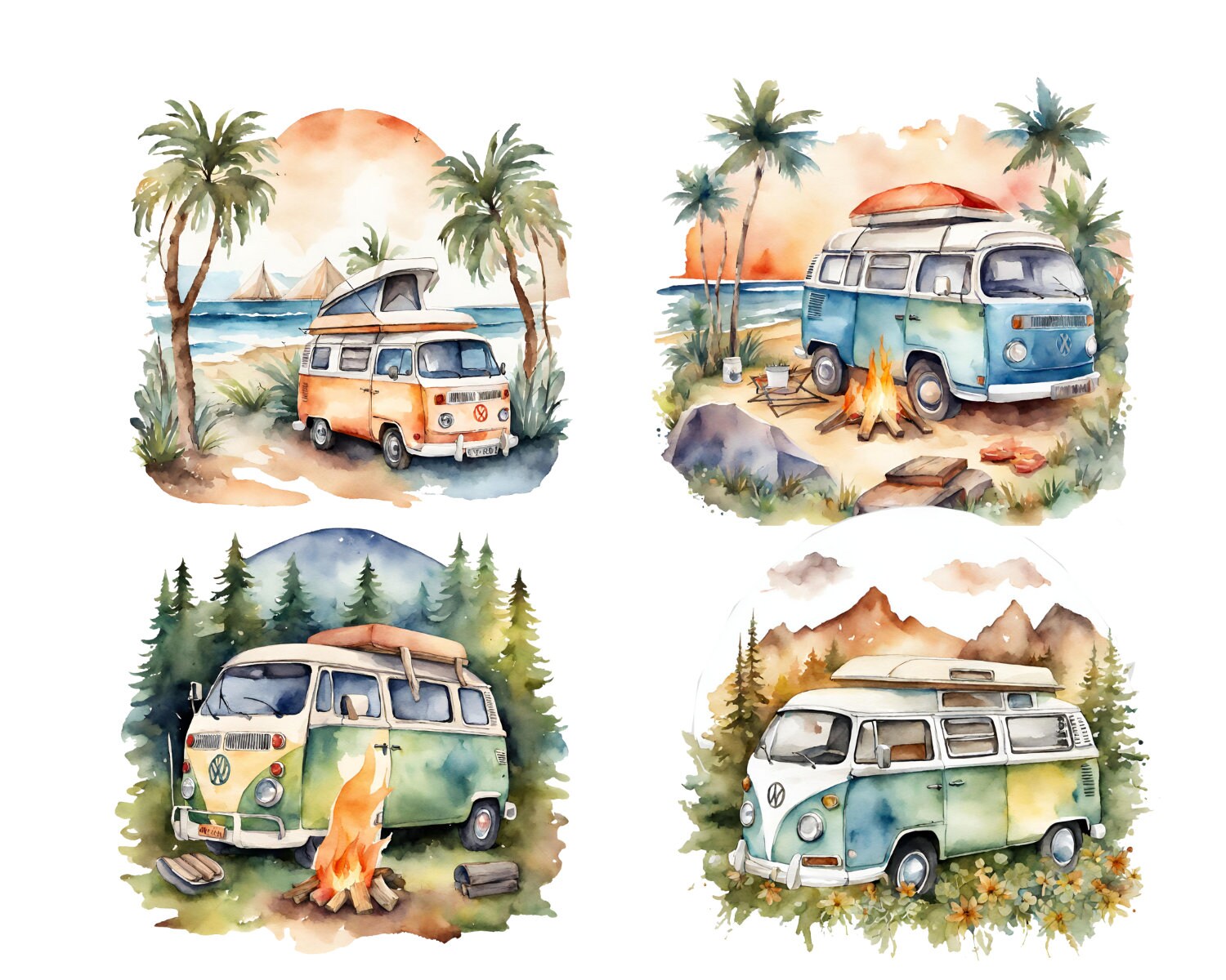 Campervan Clipart Adventure Campers Clipart, Watercolor Campfire PNG ...