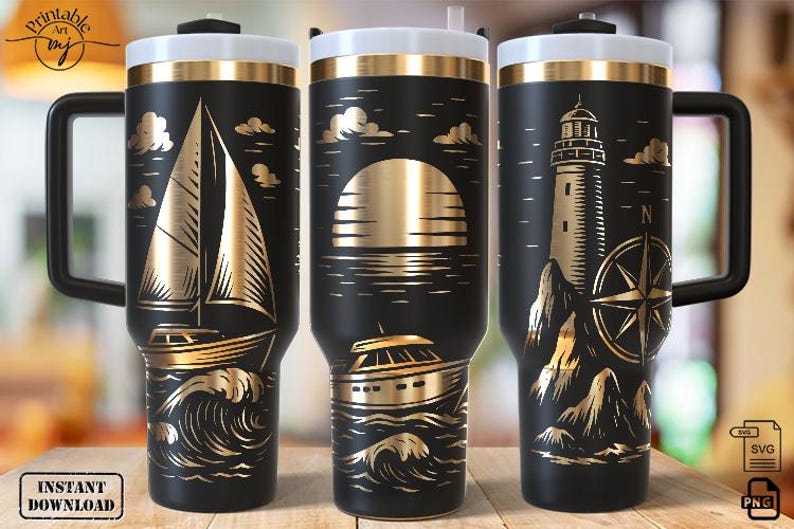 Nautical Tumbler SVG: Sailboat, Lighthouse, Compass Laser Engraving ...