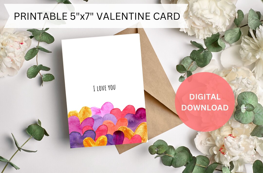 Printable Valentines Day Card Watercolour Hearts Card I Love You ...