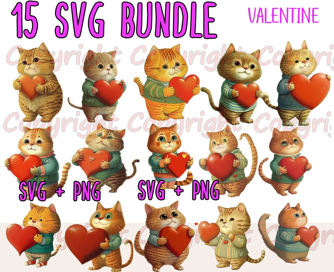SVG Bundle Valetine's Day 15 Cat Holding Heart Animal - Etsy