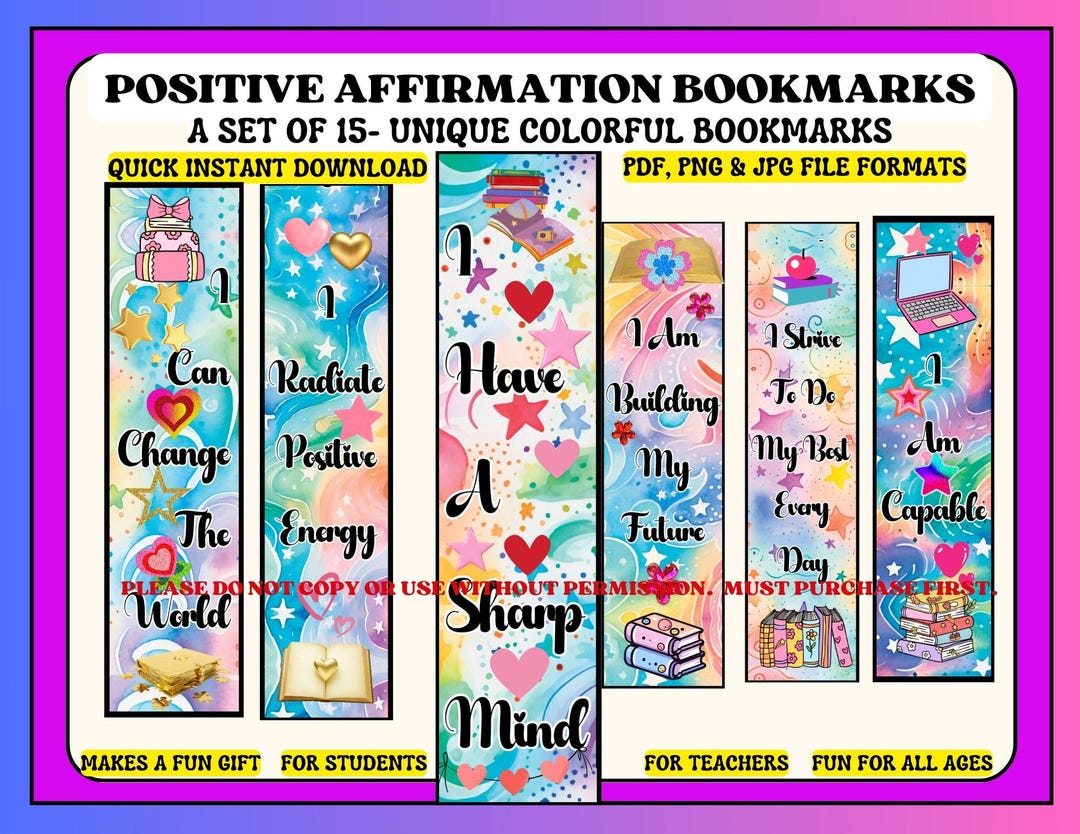 Positive Affirmations Bookmarks-15 Unique Colorful High Resolution With ...