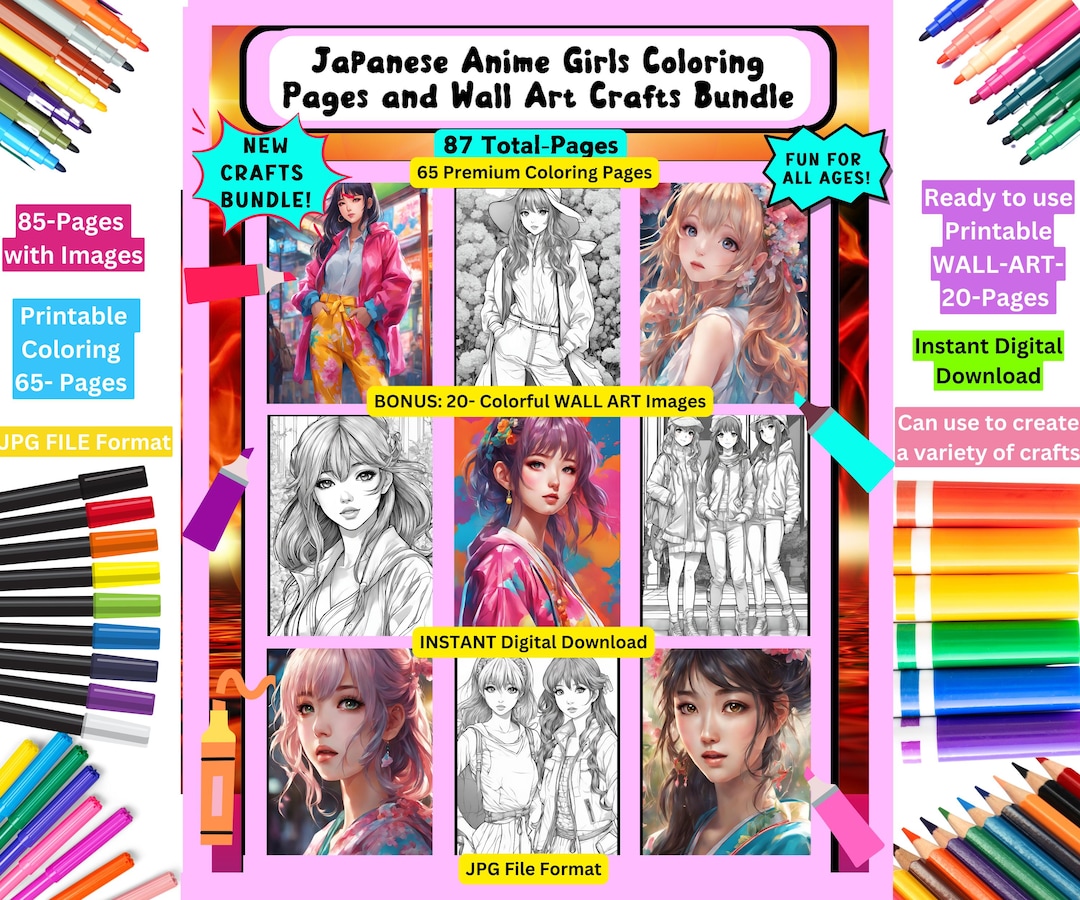 Japanese Anime Girls Coloring Pages & Wall Art Crafts Bundle-65 ...