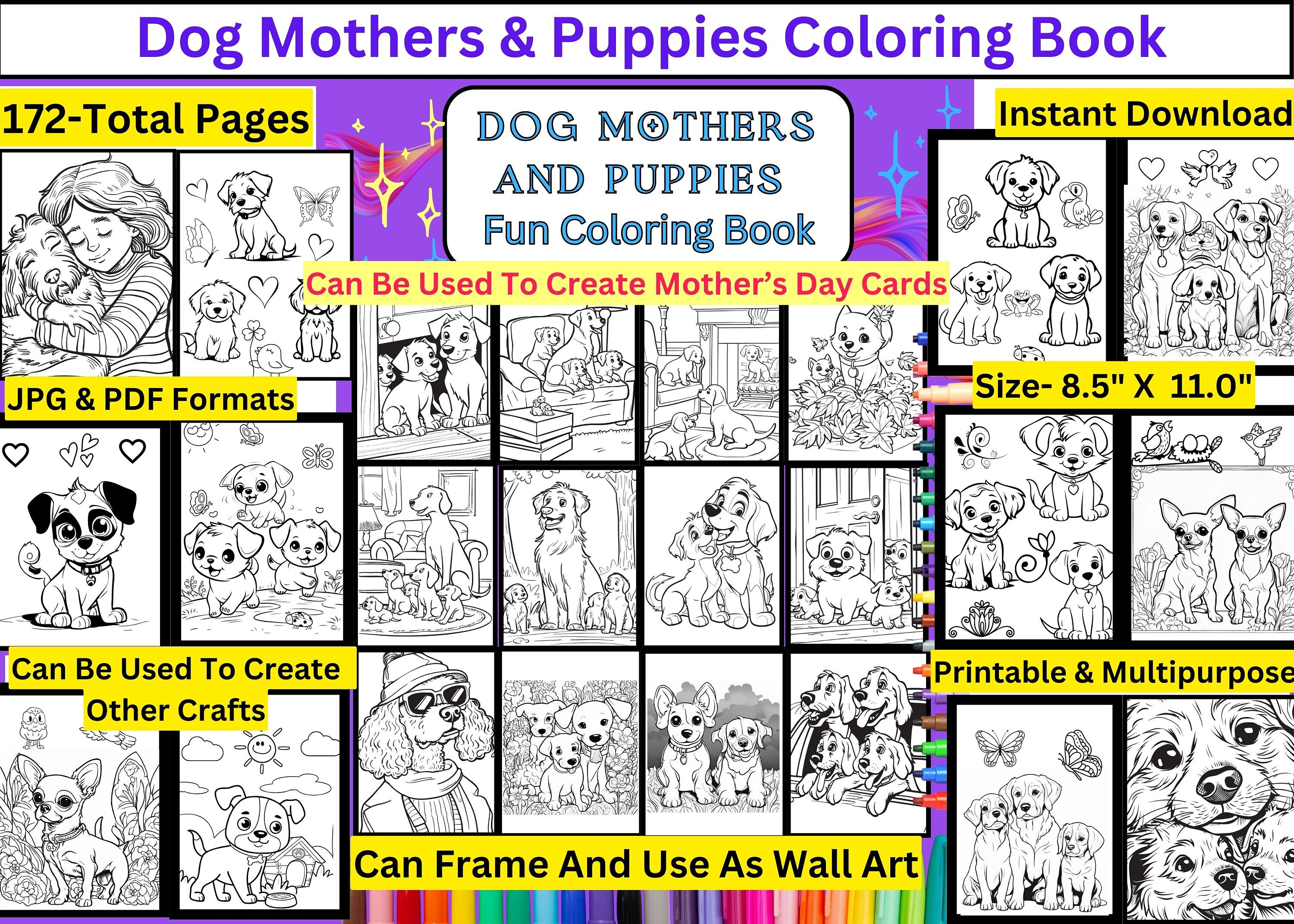 Dog Mothers and Puppies, Fun Coloring Book-premium Digital Download to ...