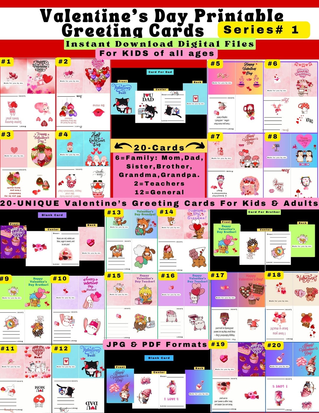 20-cards-valentine's Day Greetings-completed-printable Quarter-fold ...