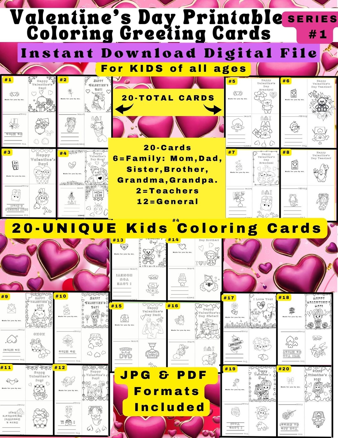 20-cards-valentine's Day Greetings-coloring-printable Quarter-fold ...