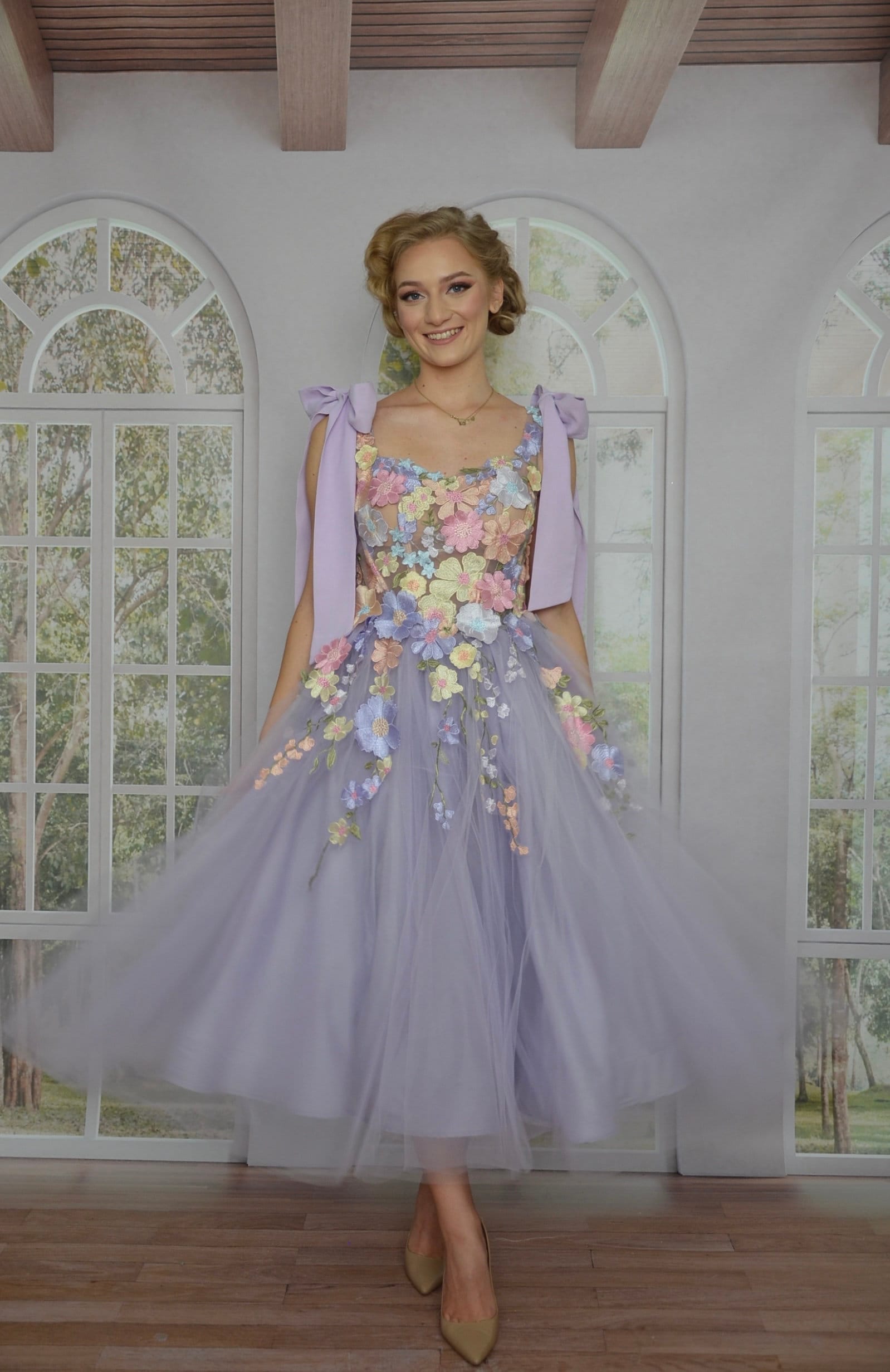 Lavender Romantic Tulle Dress, Flower Corset Top,engagment Lavender Romantic Tulle Dress, Flower Corset Top,engagment