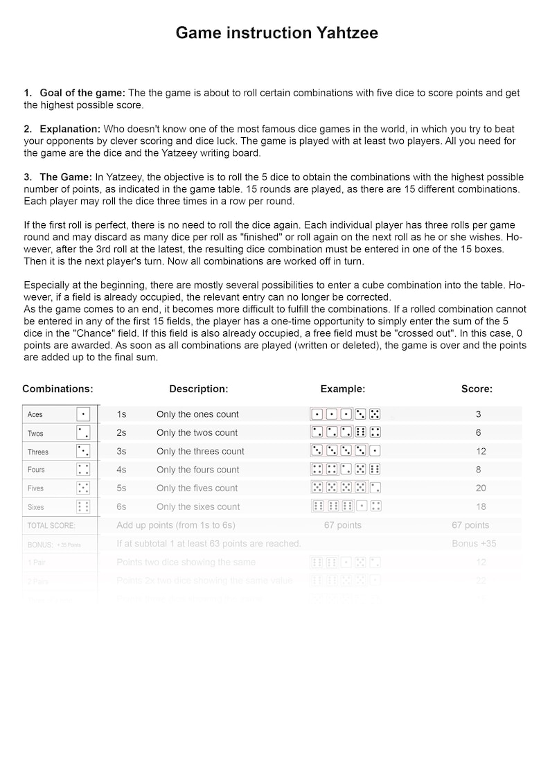 Yahtzee, Yatzy, Triple Printable Score Card. Scoresheets and Game Rules ...